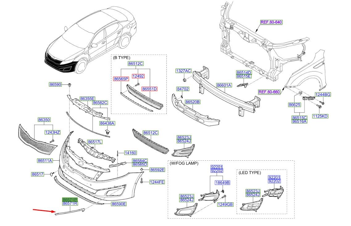 MOULDING - FRONT BUMPER, LH Kia Optima 2011 - 2015 86563-2T500-CH